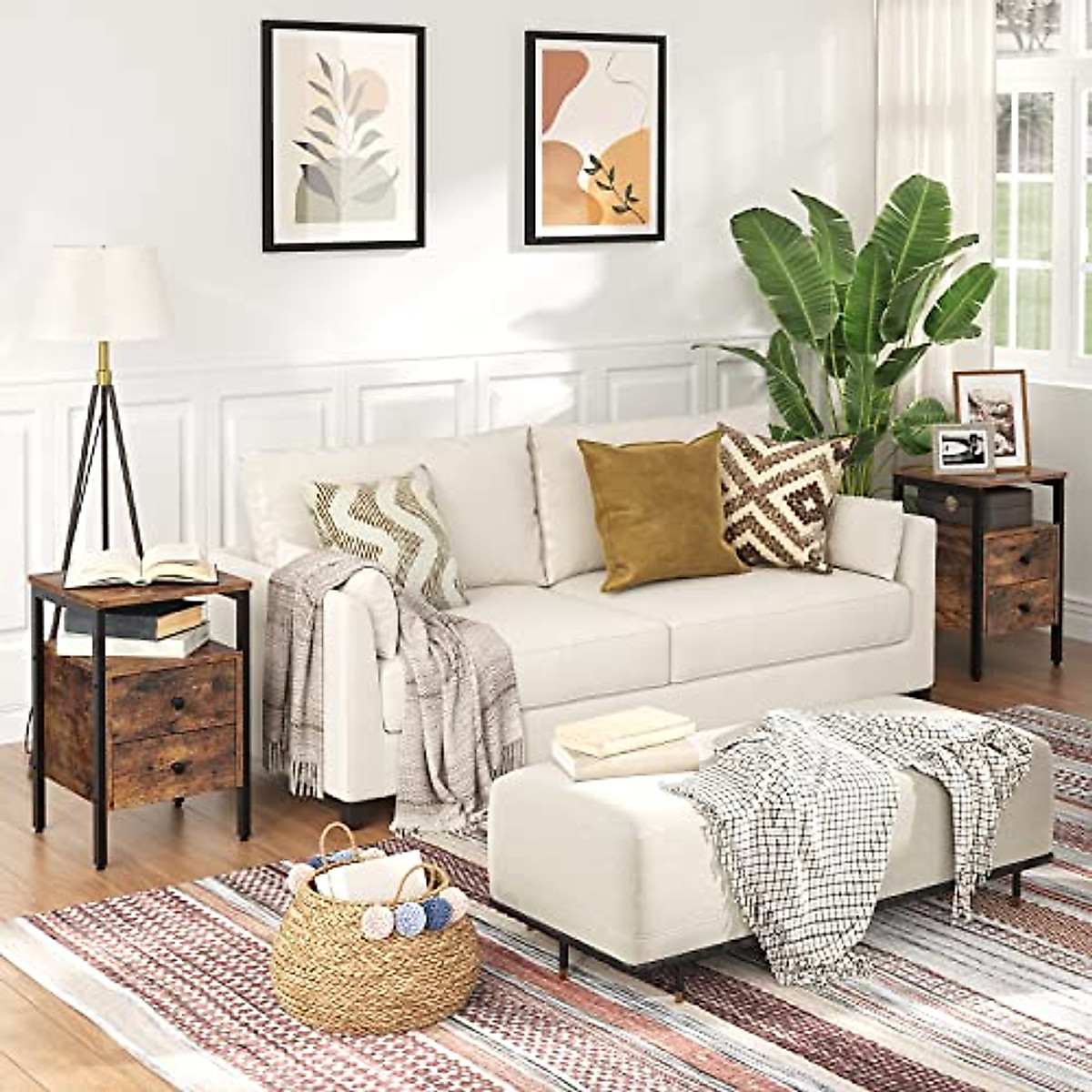 HOOBRO Nightstand, Bedside Table with 2 Drawers and Storage Shelves, Side End Table, Sofa Table for Living Room, Bedroom, Accent Furniture, Easy Assembly, Rustic Brown and Black BF43BZ01G2