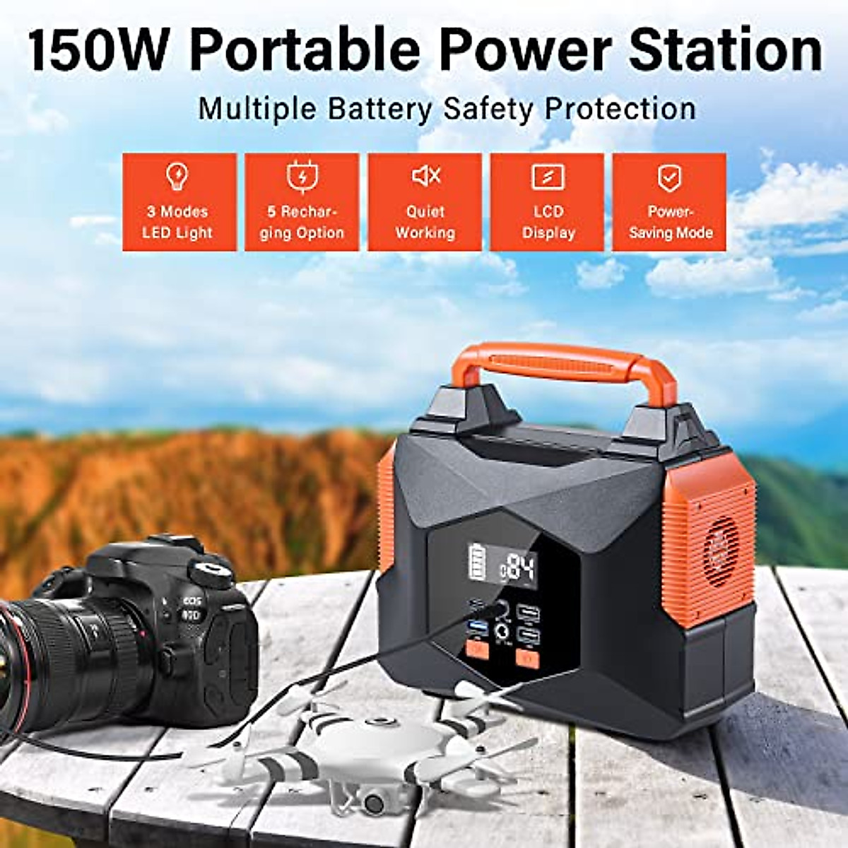 BailiBatt Portable Power Station 150W, 146Wh Camping Solar Generator, Lithium Battery Bank Power Supply with 2 110V/150W (Peak 300W) AC/2 DC/2 USB/ 1 QC 3.0/1 USB-C for CPAP Home Camping Emergency, Orange