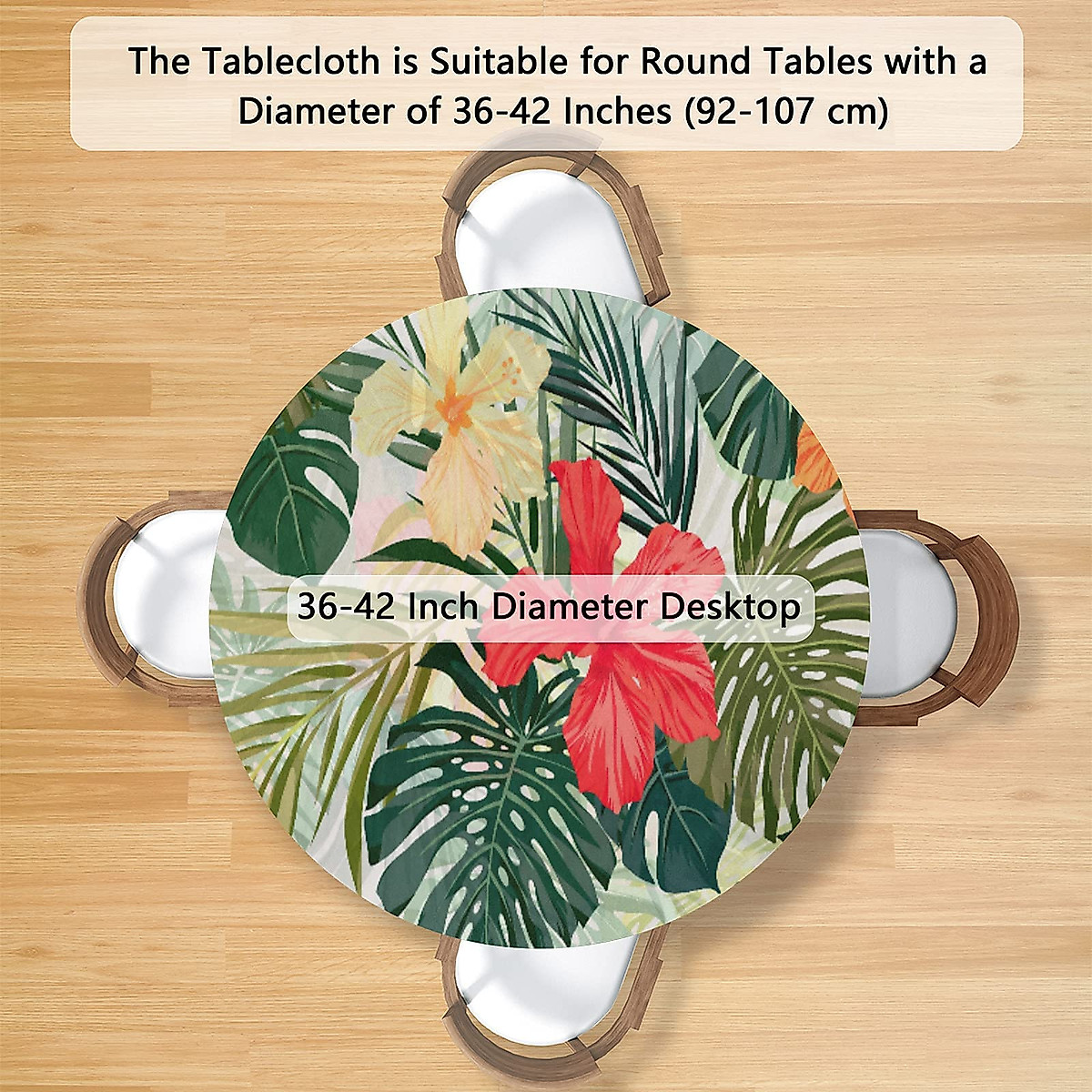 Round Tablecloth Fitted Table Cloth with Elastic Edge for Round Table, Flower Palm Leaf Circular Table Cover Waterproof Wipeable Table Linen, Fits Tables up to 36" - 42" Diameter