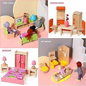 Civaner 52 Pcs Wooden Dollhouse Furniture Set Including 8 Family Dolls Miniature Doll House Accessories 1:12 Scale 5 Space Kits Bathroom Bedroom Living Room Dining Room Kitchen Gift for Christmas