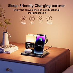 CESDAP C3 Pro Foldable 6 in 1 Charging Station for Multiple Devices with Alarm Clock Light 18W Charger for iPhone 15/14/13/12/11 for Apple Watch Charger for AirPods 3/2/Pro Gift for Women Men Dad Mom