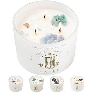 Healing Crystal Candle, 12oz - 3 Wick Pisces, Cancer, Scorpio Zodiac Candles with Crystals Inside. Zodiac Gifts for Women, Real Crystals and Healing Stones Manifestation Candle, Meditation Candle