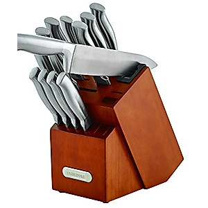 Farberware 18-Piece Forged Stainless Steel Kitchen Knife Set with Wood Block, High-Carbon Stainless Steel Knives, Razor Sharp Knife Set with Ergonomic Handles, Cherry Block