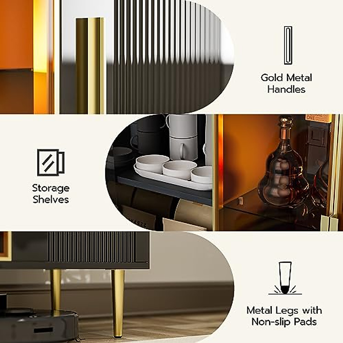 IKIFLY Modern Sideboard Buffet Cabinet with Storage, 47" Kitchen Storage Cabinets with Glass Doors and Shelves, LED Lights, Coffee Bar Cabinet for Dining Room, Kitchen, Hallway, Living Room, HU9156