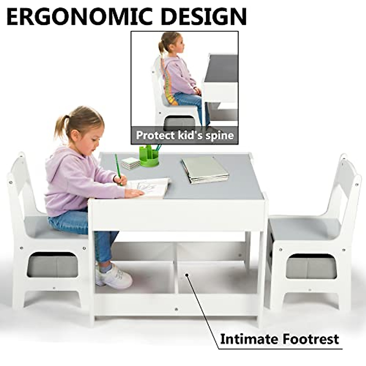 Kinder King Kids Wood Table & 2 Chairs Set, 3 in 1 Children Activity Table w/Storage, Removable Tabletop, Blackboard, 3-Piece Toddler Furniture Set for Art, Crafts, Drawing, Reading, Playroom, Grey
