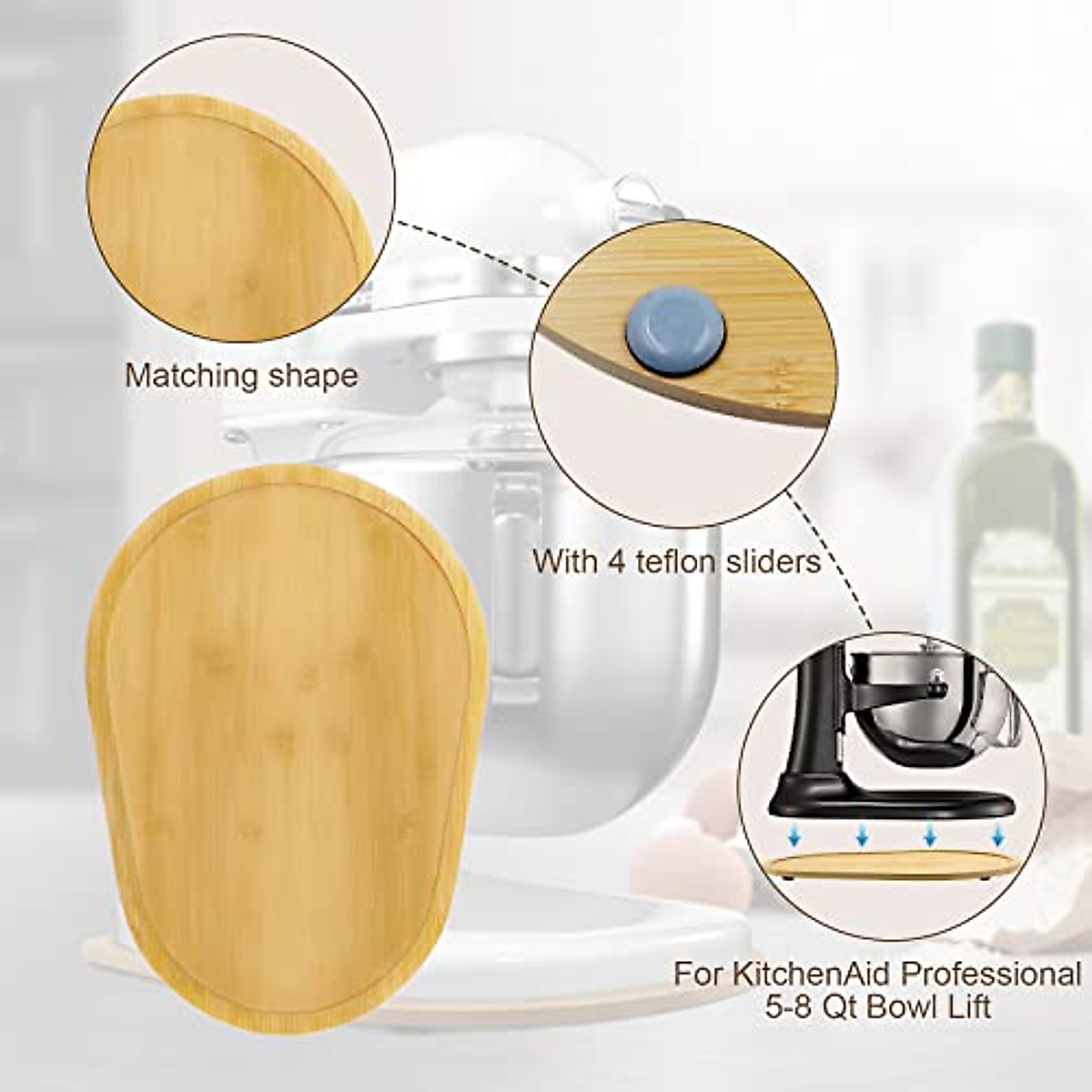 Bamboo Mixer Slider Compatible with Kitchen aid Bowl Lift 5-8 Qt Stand Mixer - Kitchen Countertop Storage Mover Sliding Caddy for Kitchen Aid 5-8 Qt Mixer, Mixer Appliance Moving Tray