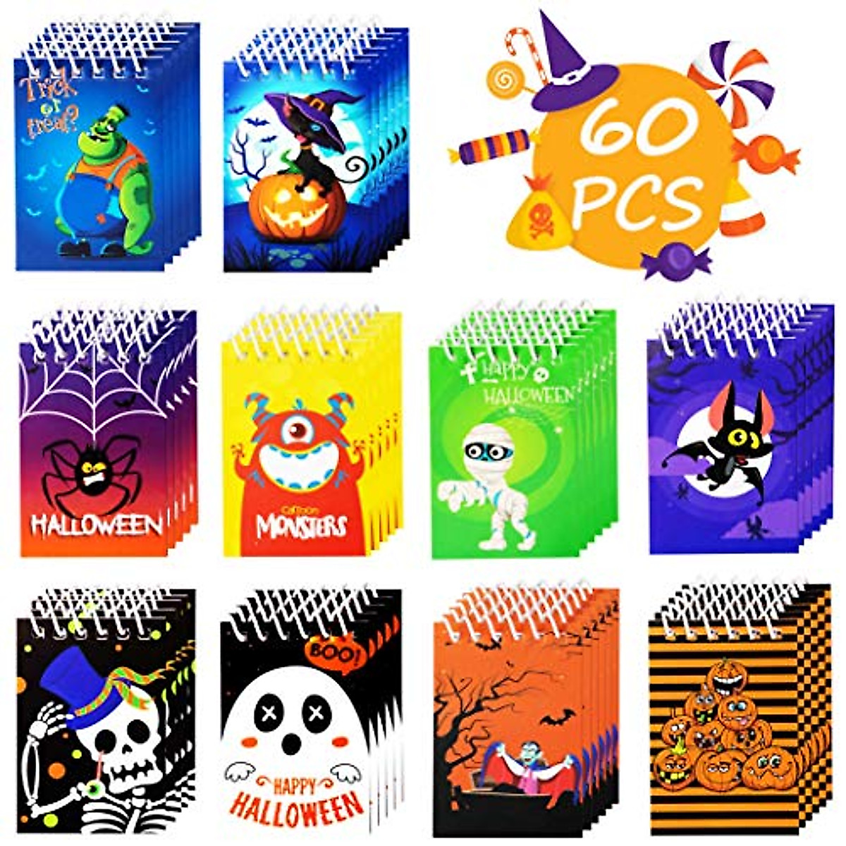 60PCS Halloween Notepads Party Favors for Kids - Spiral Notebooks Hallowmas Trick or Treat Goodie Bag Stuffers Filler Gifts Supplies Decorations, 10 Styles
