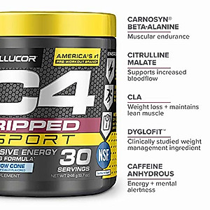 C4 Ripped Sport Pre Workout Powder Arctic Snow Cone - NSF Certified for Sport + Sugar Free Preworkout Energy Supplement for Men & Women - 135mg Caffeine + Weight Loss - 30 Servings
