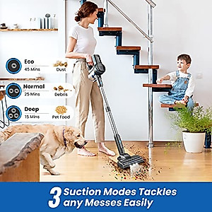 WnkimTech Cordless Vacuum Cleaner, 25Kpa Powerful Stick Vacuum for Hardwood Floor, 45 Min Rechargeable Battery, 6 in 1 Lightweight Upright Vacuum with LED Display for Pet Hair Carpet