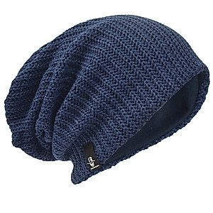 HISSHE Men Oversize Skull Slouch Beanie Large Skullcap Knit Hat (Ribbed-Navy)