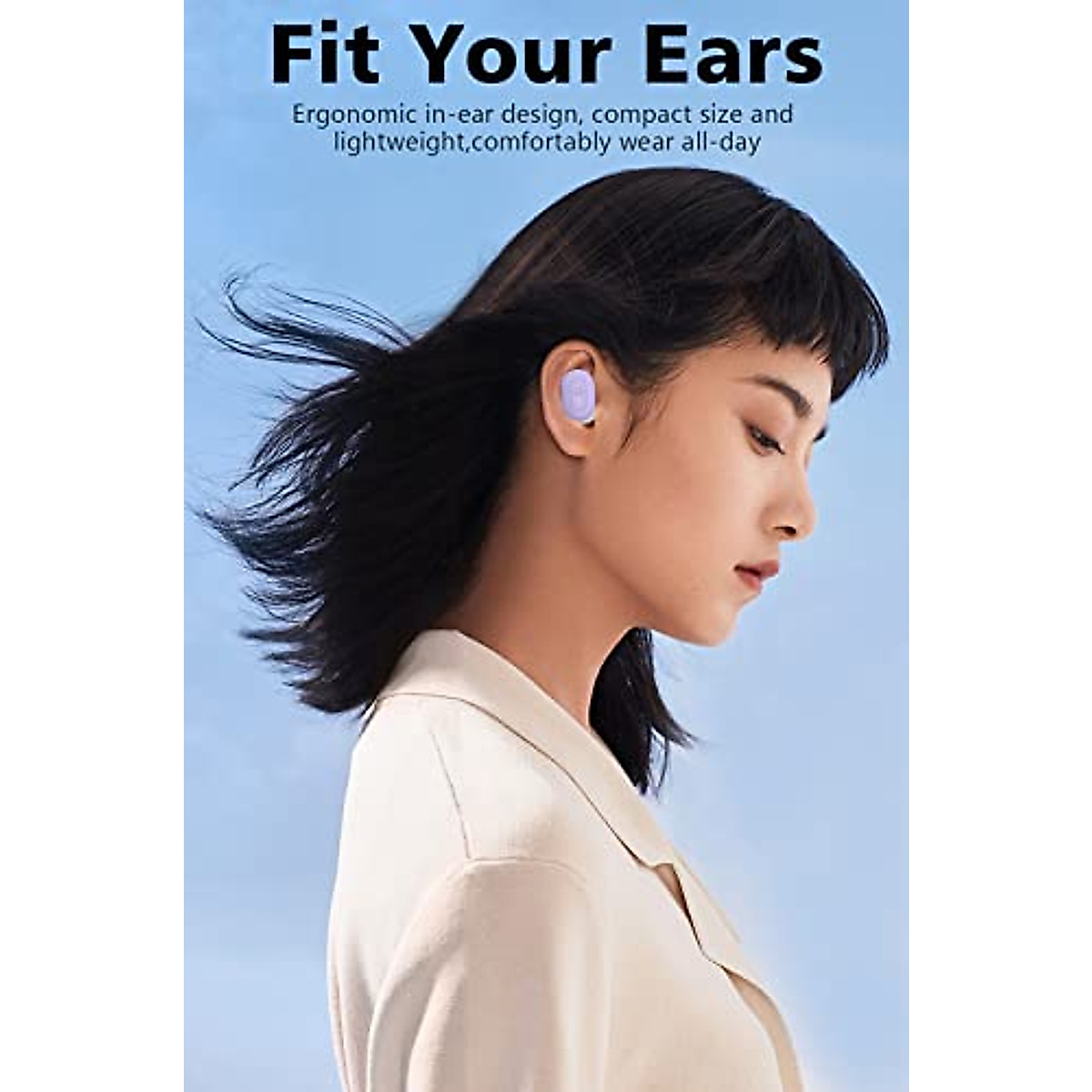 Wireless Earbuds, Bluetooth Earphones Stereo HiFi Sound Noise Cancelling with Built-in Microphone, True Wireless Headphones In-Ear Earbuds for Sports and Work, Compatible with iPhone, Android- Purple