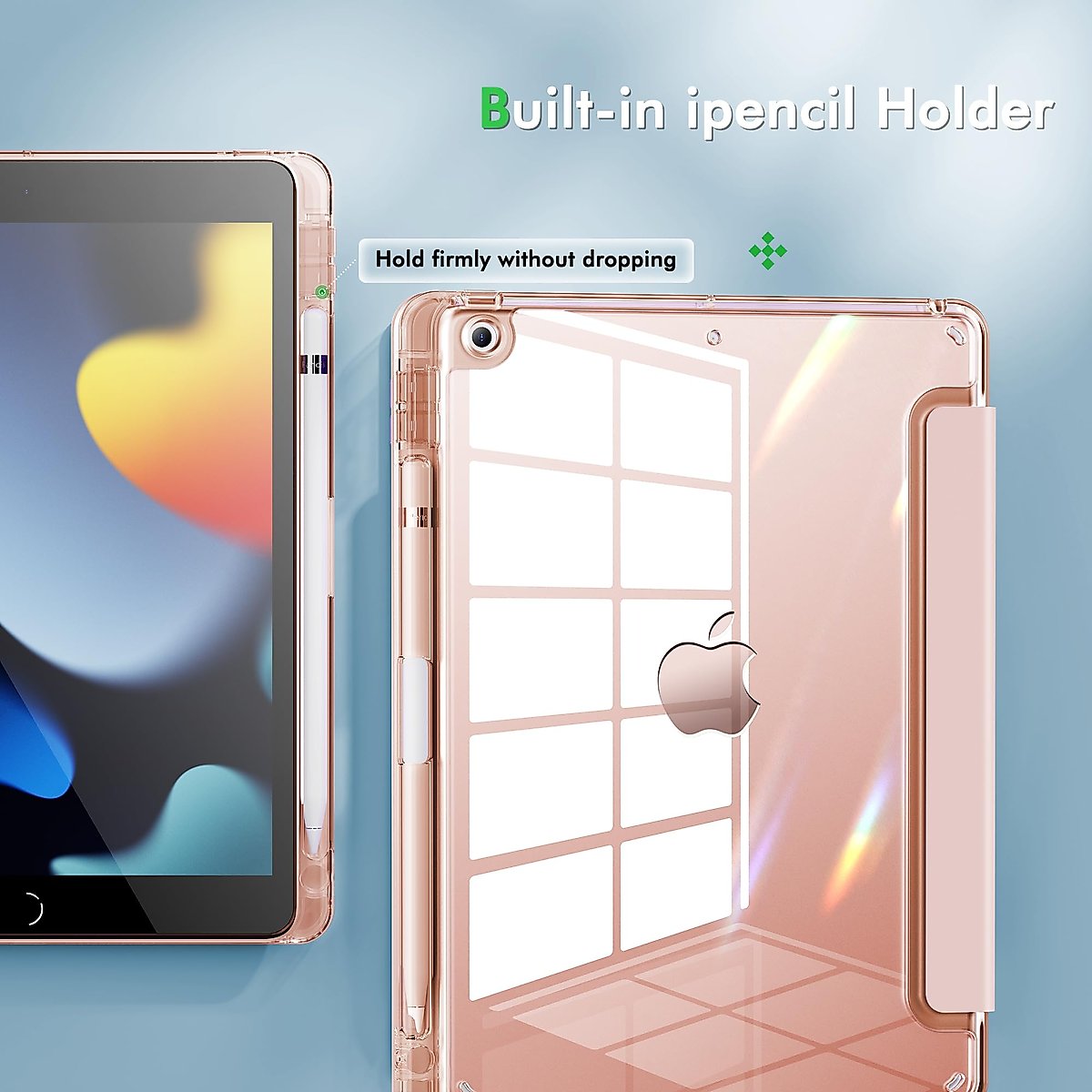 INFILAND Case Compatible with iPad 9th /8th /7th Generation Case(2021/2020/2019),【Ultra-Clear Back & PU Leather Cover】【6 FT Drop Protection】 iPad 10.2 Inch with iPencil Holder-Clear Silver