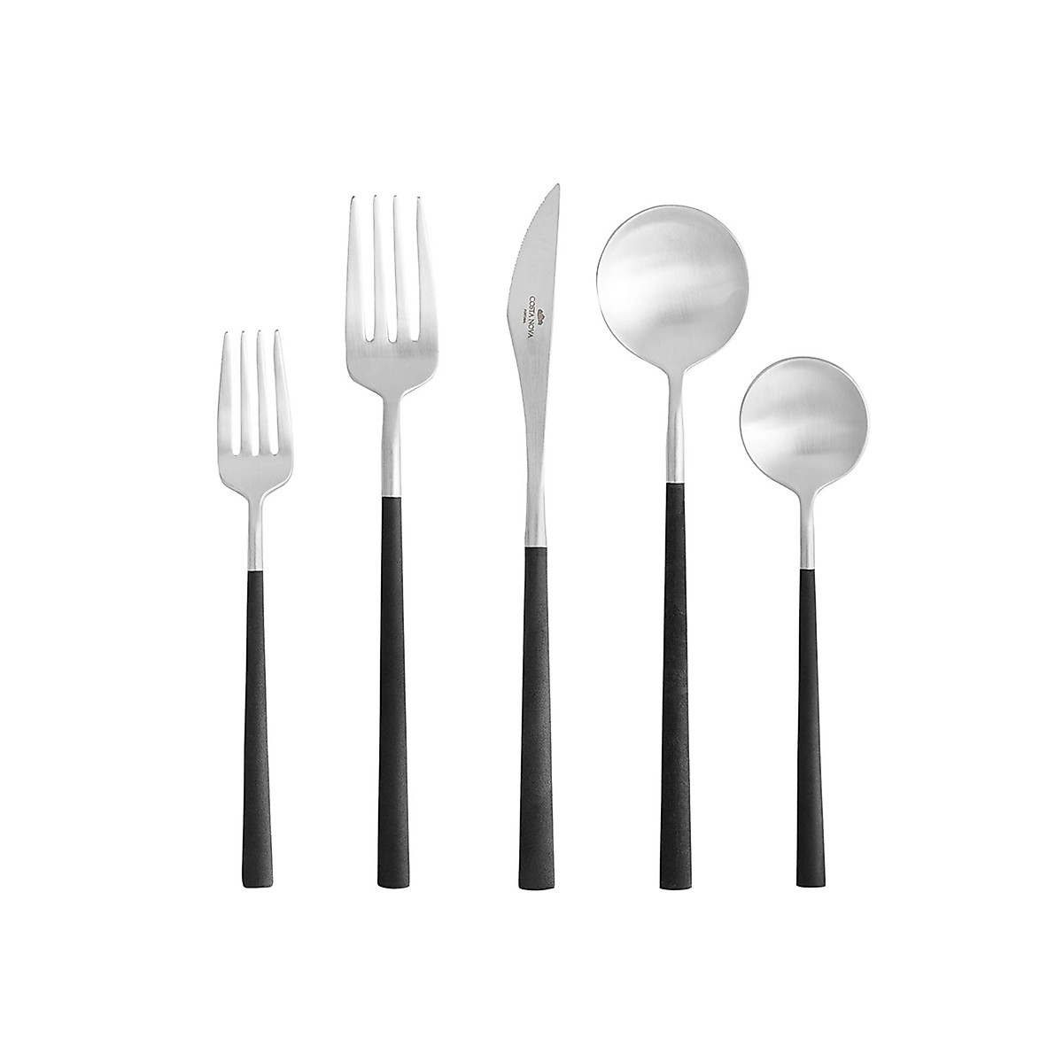 Costa Nova 5-Piece Silverware Service for 1 - Mito Collection, Brushed Finish with Black Resin Handle | Stainless Steel Cutlery | Dishwasher Safe Flatware | Restaurant Quality Dinnerware