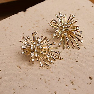 Sonateomber Firework Flower Big Gold Statement Stud Earrings for Women, Trendy Sparkly Rhinestone Cubic Zirconia Burnt Star Unique Hypoallergenic Wedding Bridal Fashion Jewelry Gifts