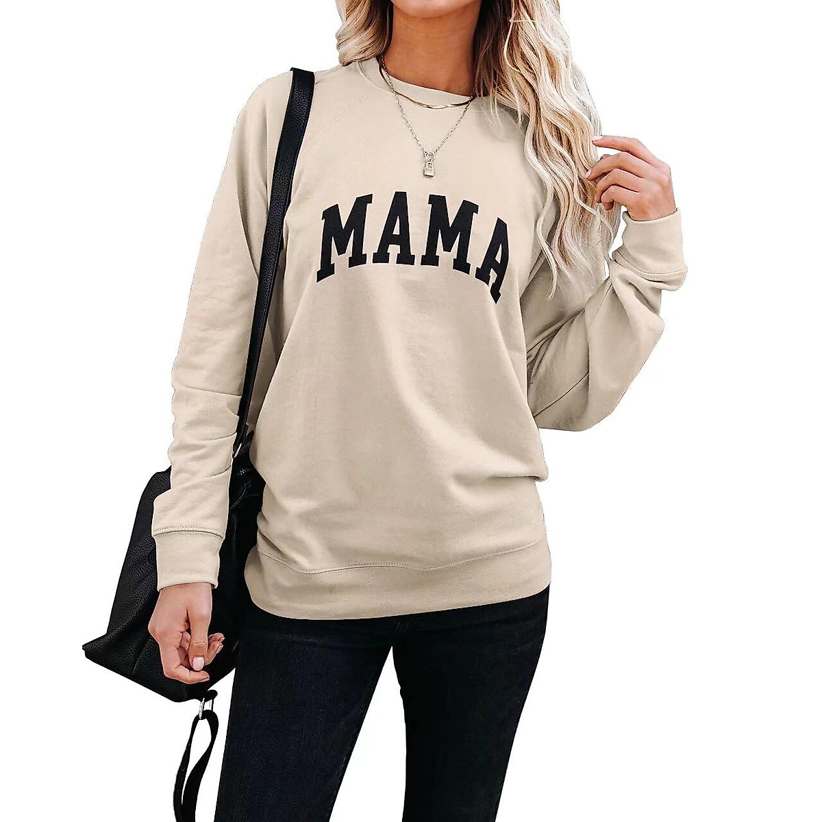 LEEDYA Women Cute Graphic Sweatshirts Crewneck Mama Shirts Long Sleeve Loose Fit Pullover Apricot Medium