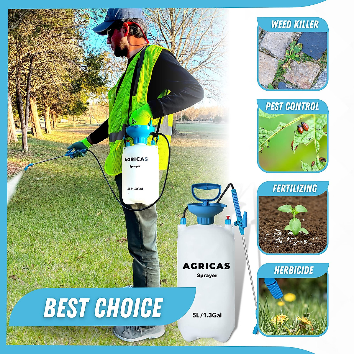 AGRICAS 1.3 Gallon Lawn & Garden Sprayer with Pump and Wand, 5L Pressure Weed Sprayer with Adjustable Nozzles and Shoulder Strap, Yard Pump Sprayer, Large Easy Fill Opening and Safety Valve