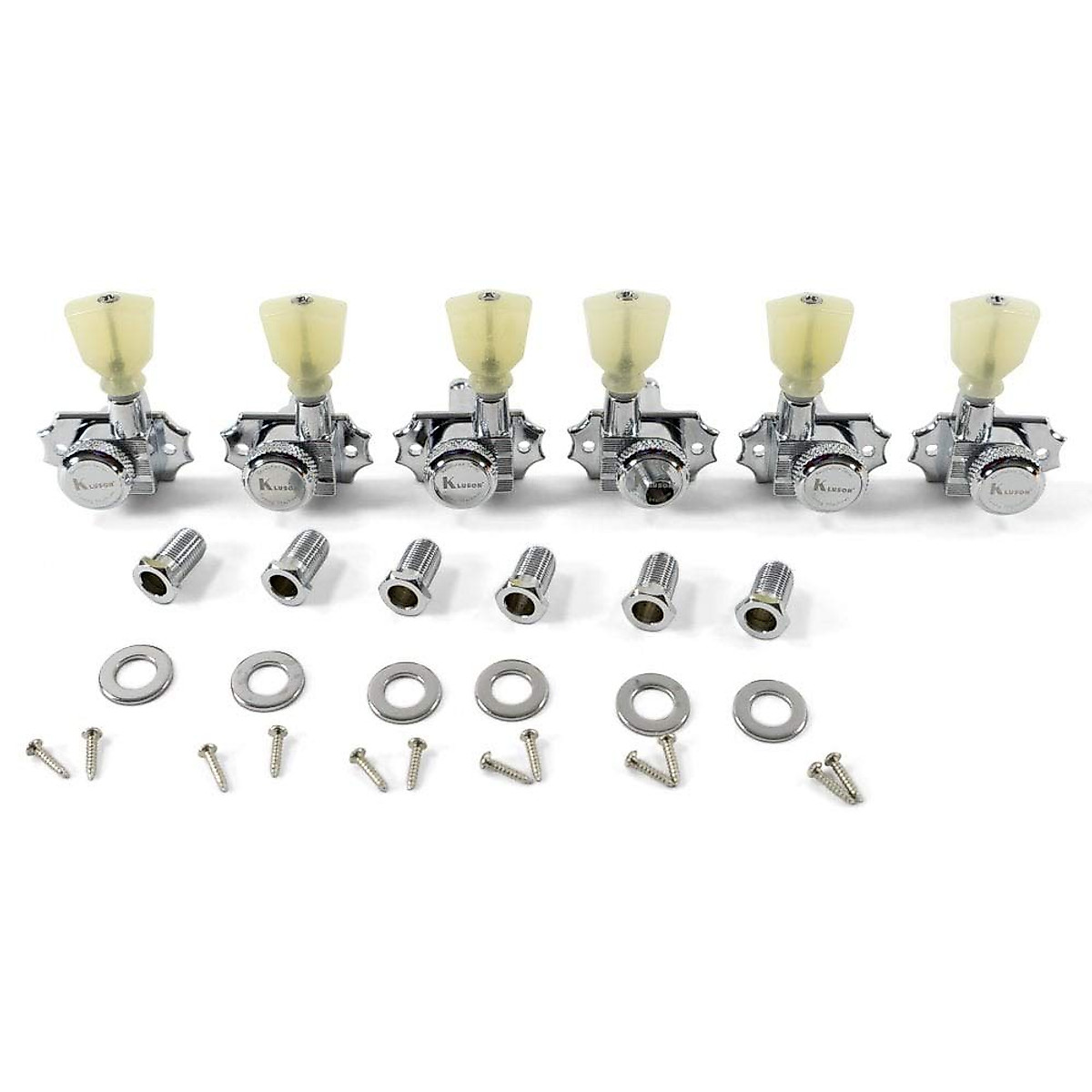 Kluson Revolution Diecast Tuners - 3 Per Side - Pearloid Keystone Button, Locking Chrome