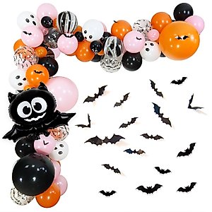 Halloween Balloon Arch Garland Kit, 18" 10" 5" Orange Pink Black Balloons with Big Bat Balloons 3D PVC Bat Stickers for Halloween Party Decorations Halloween Decorations Outdoor