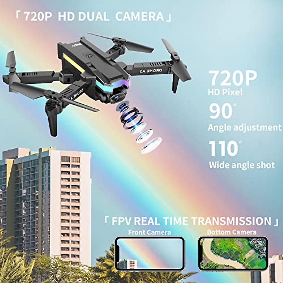 RiskOrb Mini LED Drone with 720P HD Dual Camera for Kids/Teens/Adults,360° Flips,Trajectory Flight,Hand Gesture Photo/Video,Toys Gifts for Boys Girls Beginners, A3 Foldable RC Quadcopter, 2 Batteries