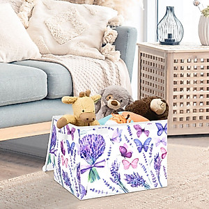 MFTJYO Storage Bin with Lid Purple Lavender Butterfly Foldable Storage Box Washable Fabric Storage Cubes Bin Organizer Basket Closet for Home Bedroom Closet Nursery Office