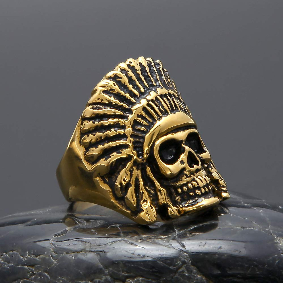 Moca Jewelry Cool Feather Dayak Indian Headdress Punk Skull 18K Gold Plated Hip Hop Stainless Steel Ring for Men Women
