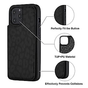Flip Leather Wallet Case for iPhone 13 - Card Holder Kickstand 6.1 Phone Case for Women, Personalized Picture Text Double Magnetic Buttons Shockproof Case (Black Leopard - All Black)