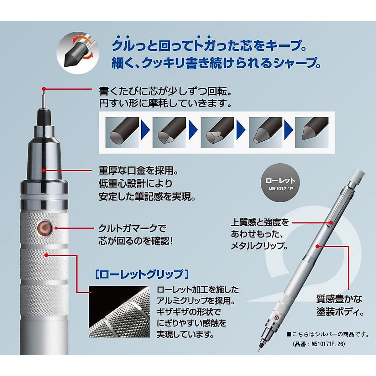 uni Core Keeps Sharp Mechanical Pencil, Gun Metallic (M510171P.43)