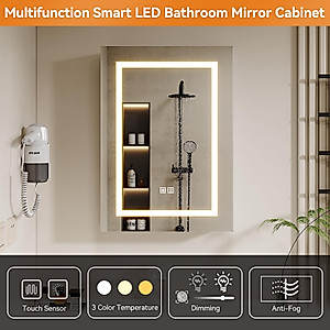 AOOCOW Bathroom Medicine Cabinet with Lights, 20 x 28 Inches LED Mirror Medicine Cabinet, Defogger,3-Color Temp, Black Aluminum Lighted Medicine Cabinet, Surface Mount