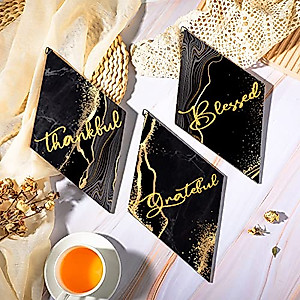 3 Pcs Marble Style Bathroom Wall Decor Thankful Grateful Blessed Wall Decor Black and Gold Farmhouse Rustic Art Wall Decor Wooden Bathroom Hanging Signs for Home Laundry Spa Room,11.8 x 6.7 Inches