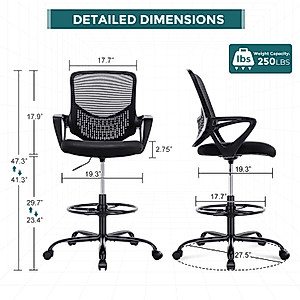 SMUG Drafting Chair Tall Office Chair, Standing Desk Chair Counter Height Office Chairs, Mid Back Mesh Office Drafting Chairs with Armrest, Height Adjustable Foot Ring, Black