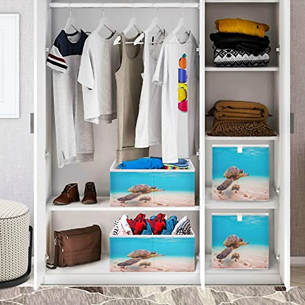 ALAZA Collapsible Storage Cubes Organizer,Hawaiian Green Sea Turtle Under Ocean Storage Containers Closet Shelf Organizer with Handles for Home Office