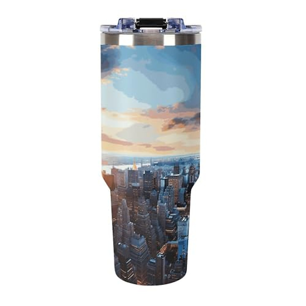 LLUTSNTH 40 Oz Vacuum Tumbler with White Handle Leakproof Insulated Tumbler New York City Skyline Stainless Steel Travel Mug with Lid And Straw Coffee Cup Cute Water Bottles Cup Holder Friendly