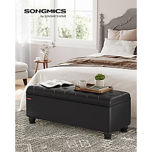 SONGMICS Storage Ottoman, Storage Bench, Tufted Entryway Bedroom Bench, 17.7 x 46.5 x 17.7 Inches, Hinges Easy Lid Operation, Wooden Legs, Synthetic Leather, Loads 330 lb, Classic Black ULOM071B01