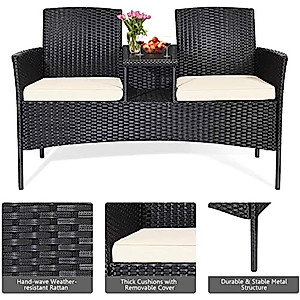 HAPPYGRILL Patio Rattan Loveseat Outdoor Porch Furniture PE Wicker Loveseat with Coffee Table Conversation Sofa with Cushions for Garden Lawn Backyard Poolside