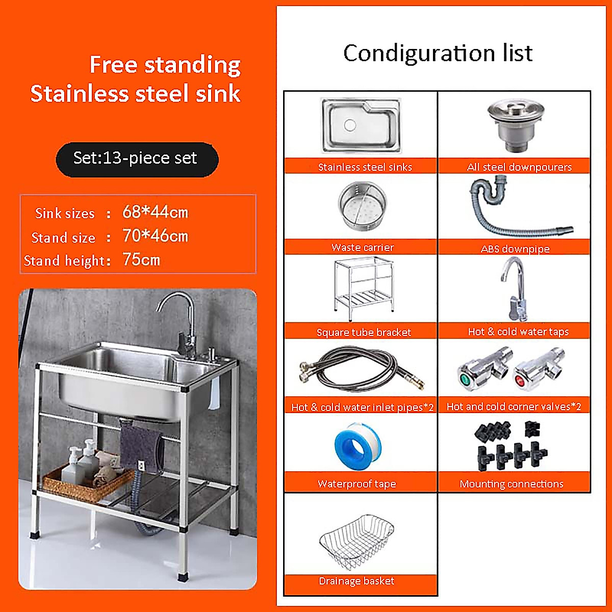 QQXX Commercial Kitchen Sink Single Bowl,Free Standing Stainless Steel Sink Set with Water Faucet,Utility Outdoor Sink for Washing,Heavy Duty Restaurant Sink for Laundry Backyard Home