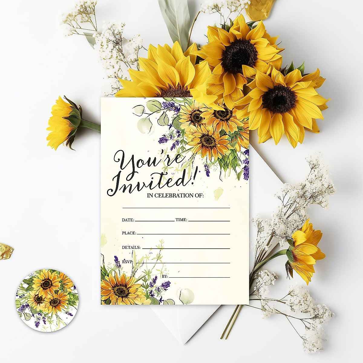 Whaline 25 Sets Sunflower Invitations with Envelopes Stickers Watercolor Floral Invitation Cards Blank Invites for Wedding Bridal Baby Shower Birthday Dinner Party Supplies, 5 x 7 Inch