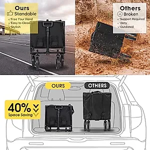 Sekey Collapsible Foldable Wagon with 330lbs Weight Capacity, Heavy Duty Folding Utility Garden Cart with Big All-Terrain Beach Wheels & Drink Holders. Black&Orange