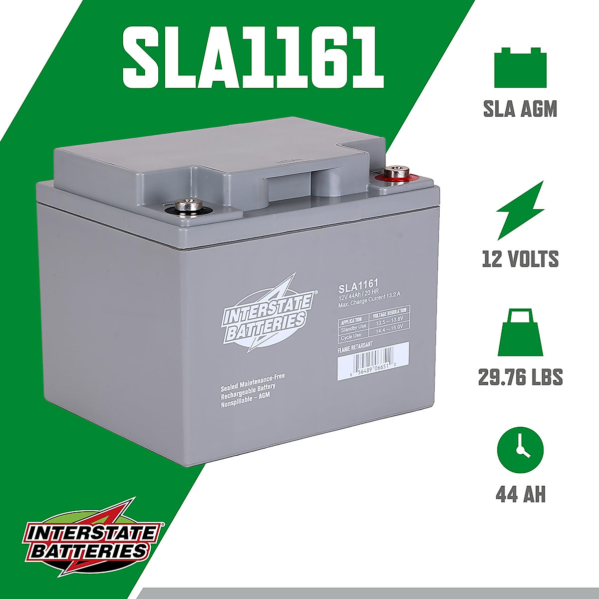 Interstate Batteries 12V 44Ah Battery (Insert Terminal) SLA AGM VRLA Rechargeable Replacement for UPS Backup Power, Fire & Security, Emergency Lighting (SLA1161)