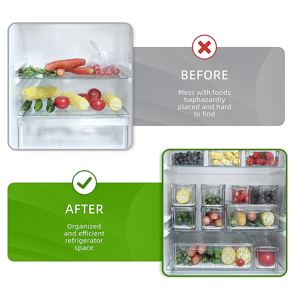 Santiccipa Refrigerator Organizers and Storage, 10 Pack Stackable Clear Drawer Storage Containers and Bins with Lids for Salad Bar, Fruits, Vegetables, Food, Produce, Kitchen and Fridge Organization