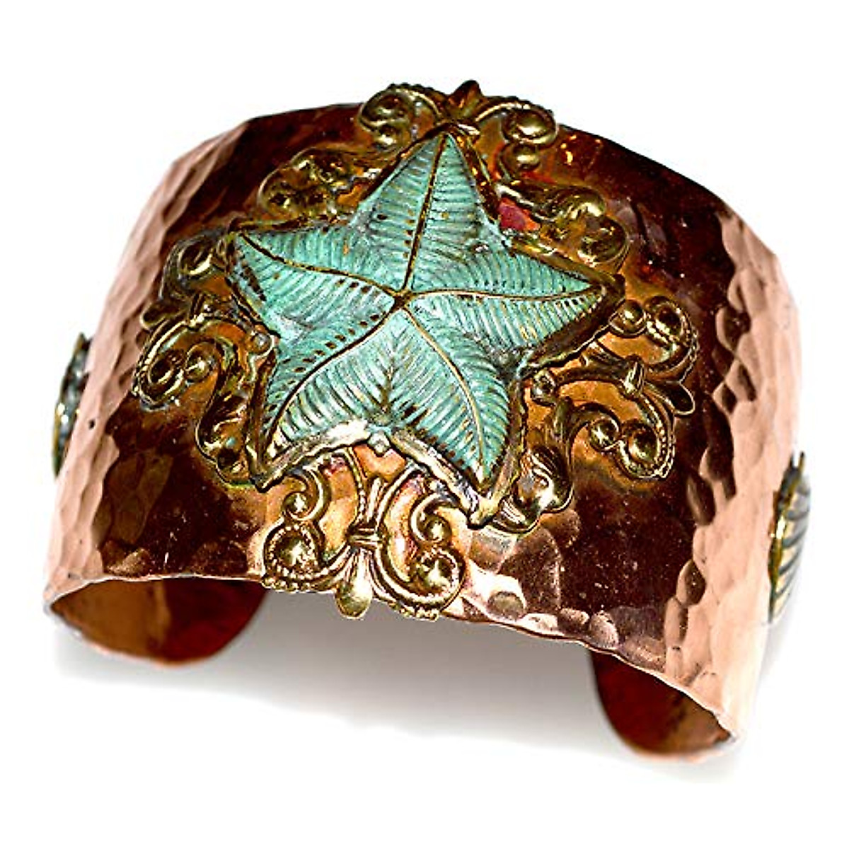 Elaine Coyne Collectible Artwear Forged Copper and Patina Brass Neo-Oceania Starfish on Filigree with Scallop Shells Dynamic Cuff