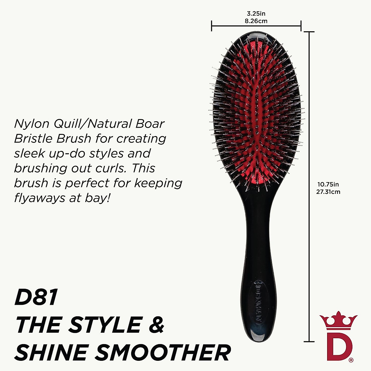Denman Style and Shine Hair Brush for Slick Back Looks and Adding Glossy Shine to Hair with Soft Nylon Quill Boar Bristles for Sleek Smoothing, Detangling and Styling – Black, D81M