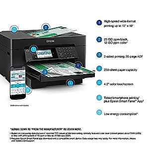Epson Workforce Pro WF-7820 Wireless All-in-One Wide-Format Printer with Auto 2-Sided Print up to 13" x 19", Copy, Scan and Fax, 50-Page ADF, 250-sheet Paper Capacity, and 4.3" Touchscreen (Renewed)