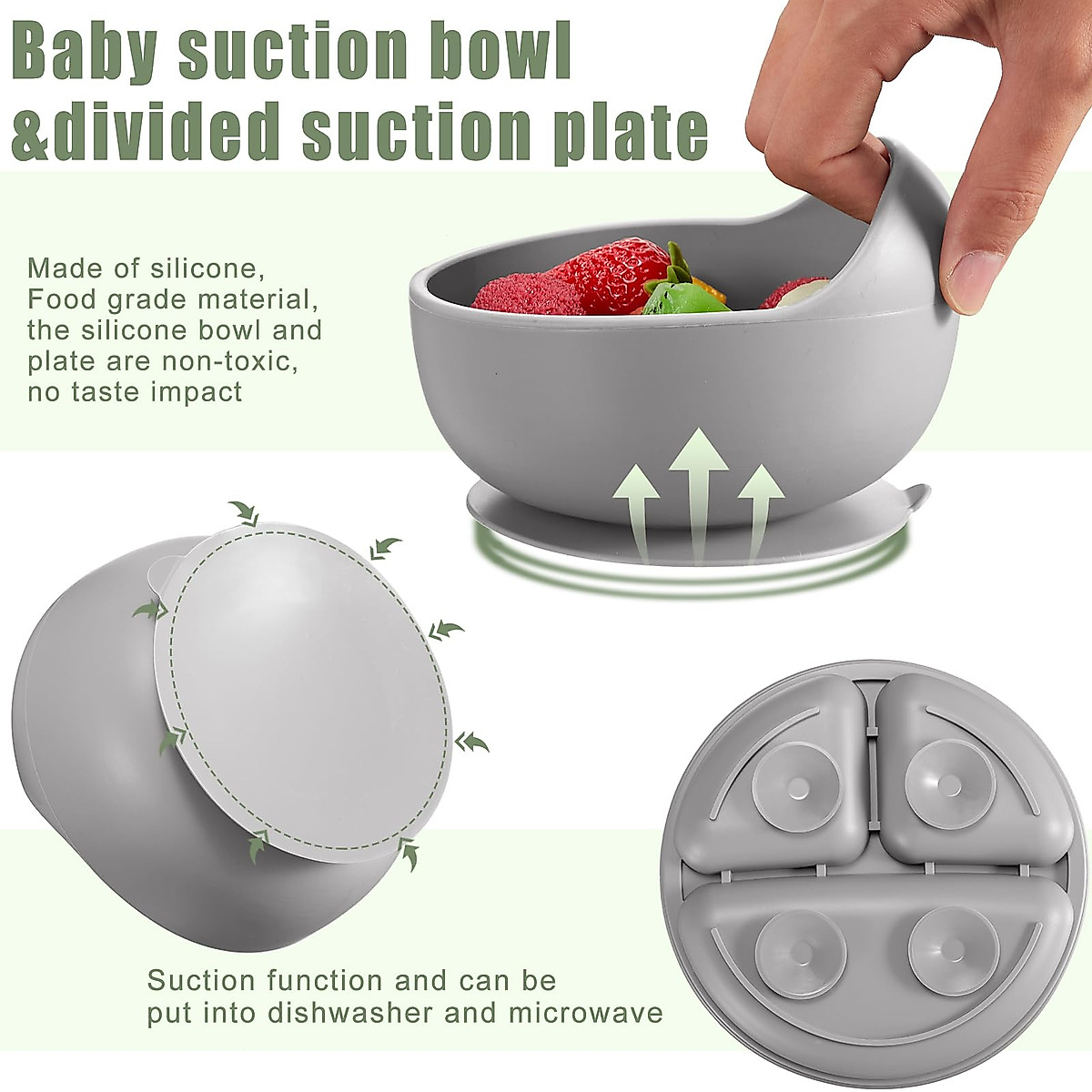 Potchen 14 Pack Baby Feeding Set, Silicone Baby Led Weaning Feeding Supplies with Suction Bowl Divided Plate Adjustable Bib Soft Spoon Fork Snack Cup with Lid Drinking Cup, Utensil (Army Green, Grey)
