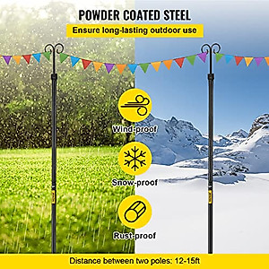 VEVOR String Light Poles, 2 Pack 9.7 FT, Outdoor Powder Coated Stainless Steel Lamp Post with Hooks to Hang Lantern and Flags, Decorate Garden, Backyard, Patio, Deck, for Party and Wedding, Black