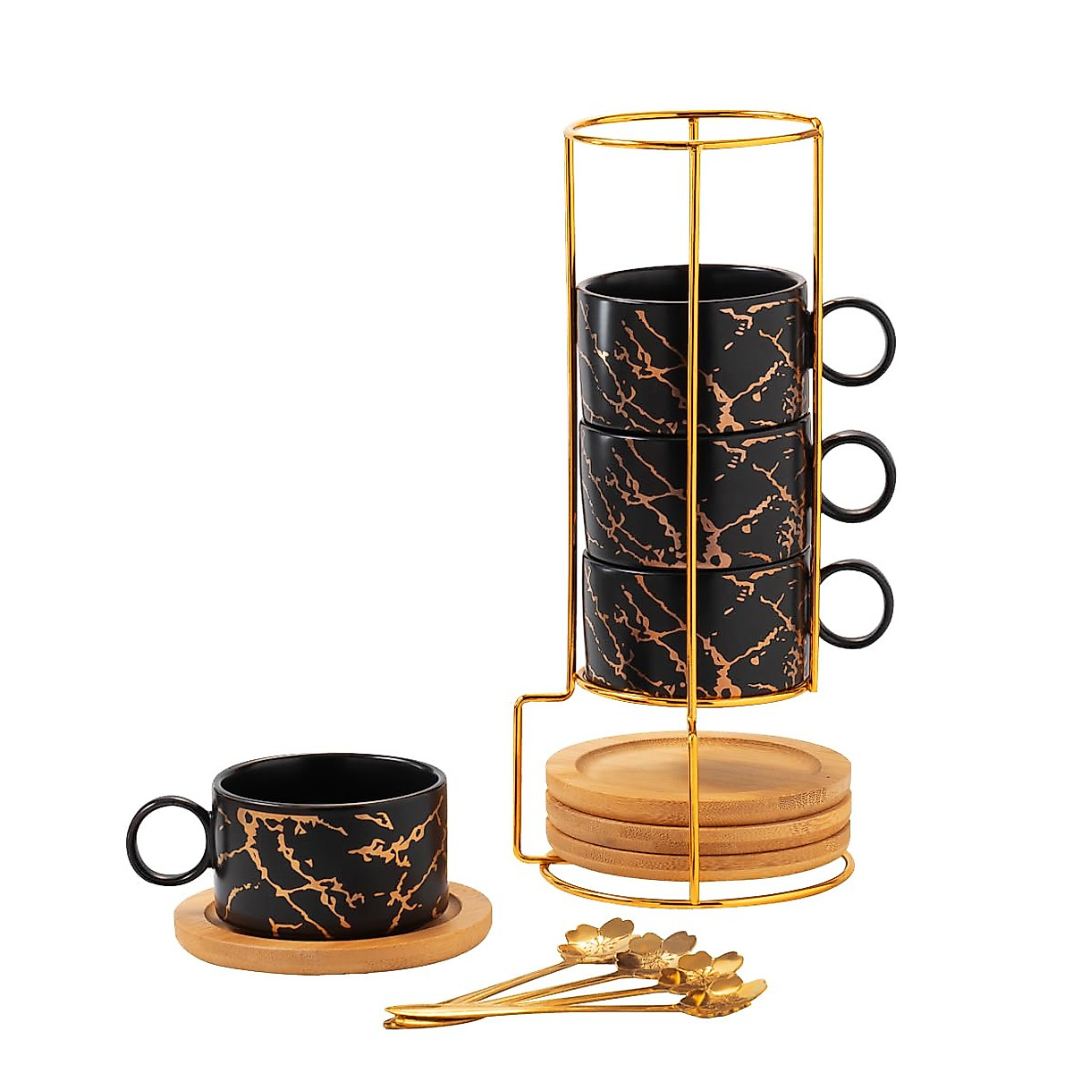 Jusalpha Golden Hand Print Teacup Coffee Cup with Bamboo Saucer Set FDTCS19 (4, Black)