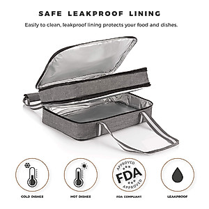 Stack Store Plus More Insulated Casserole Carrier for Hot or Cold Food, Lasagna Holder for Picnic, Potluck, Cookout - Fits 9” x 13” and 11” x 15” Baking Dish – Expandable Double Thermal Bag in Gray