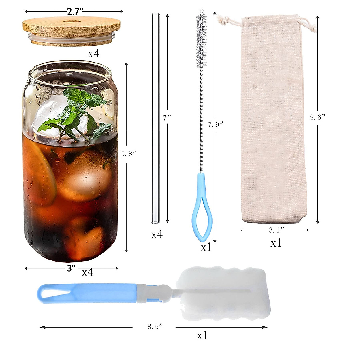 Beer Can Glass with Bamboo Lids and Glass Straws, Father's Day Gift Box 4 Pack 16oz Drinking Glasses with Lids and Straws, Can Shaped Glass Cups, Iced Coffee Cup, Beer Glasses (4pcs)