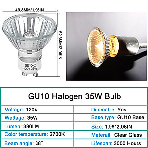 Lacnooe GU10 Halogen 35W Bulbs, 6 Pack GU10+C 120V 35W Halogen Light Bulbs with Long Lasting Lifespan, Dimmable MR16 GU10 Light Bulb for Track Light, Recessed Light, Range Hood, 2700K Warm White