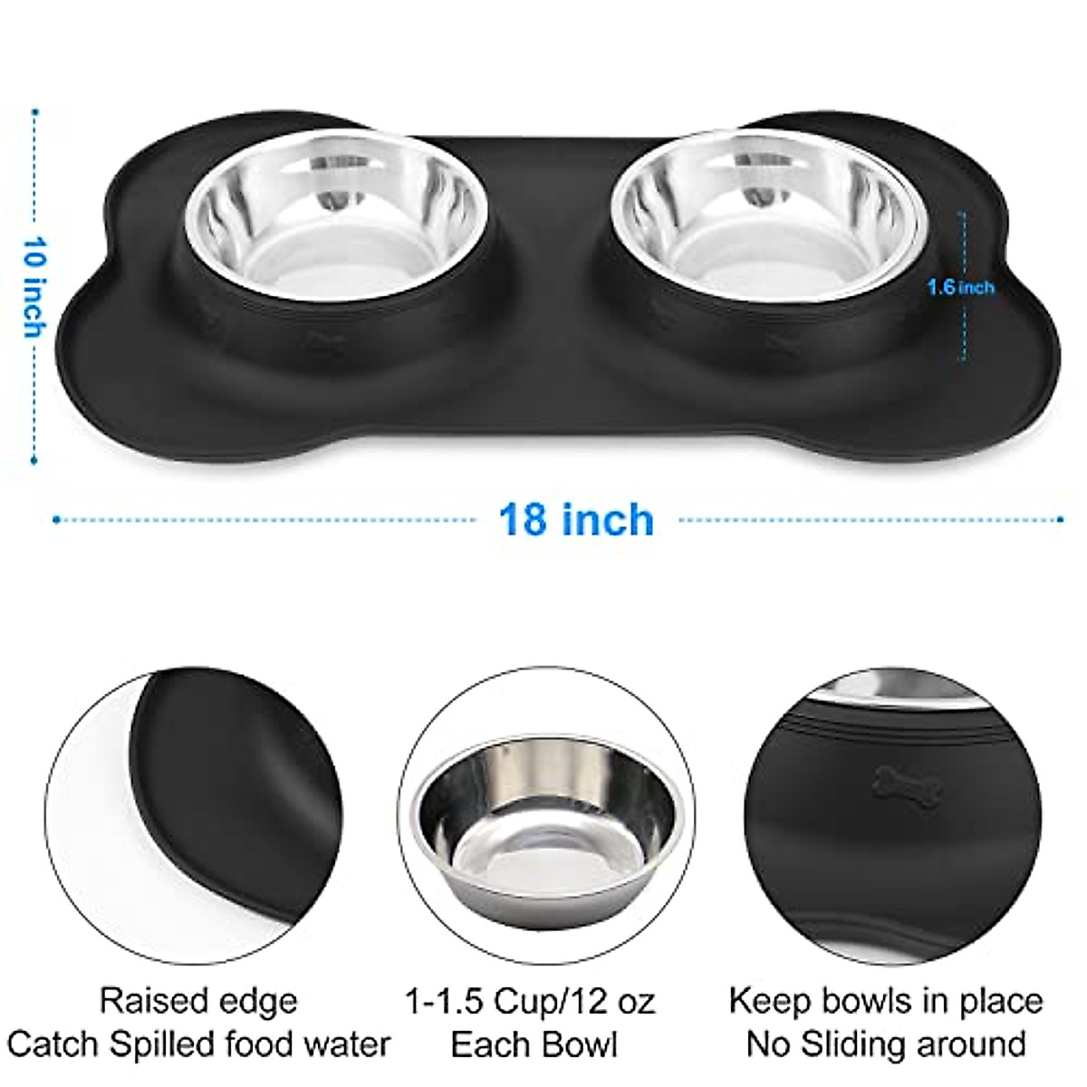 AsFrost Dog Food Bowls Stainless Steel Pet Bowls & Dog Water Bowls with No-Spill and Non-Skid, Feeder Bowls with Dog Bowl Mat for Small Medium Large Size Dogs Cats Puppy Pets, Dog Dishes, Black, 240z