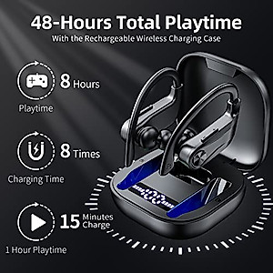 Sport Headphones Bluetooth 5.1 Earbuds with Earhooks,96H Playtime Wireless Earphones,Over The Ear Earbuds with Immersive Sound. Bluetooth Headphones IP7 Waterproof with Charging Case, Dual LED Display